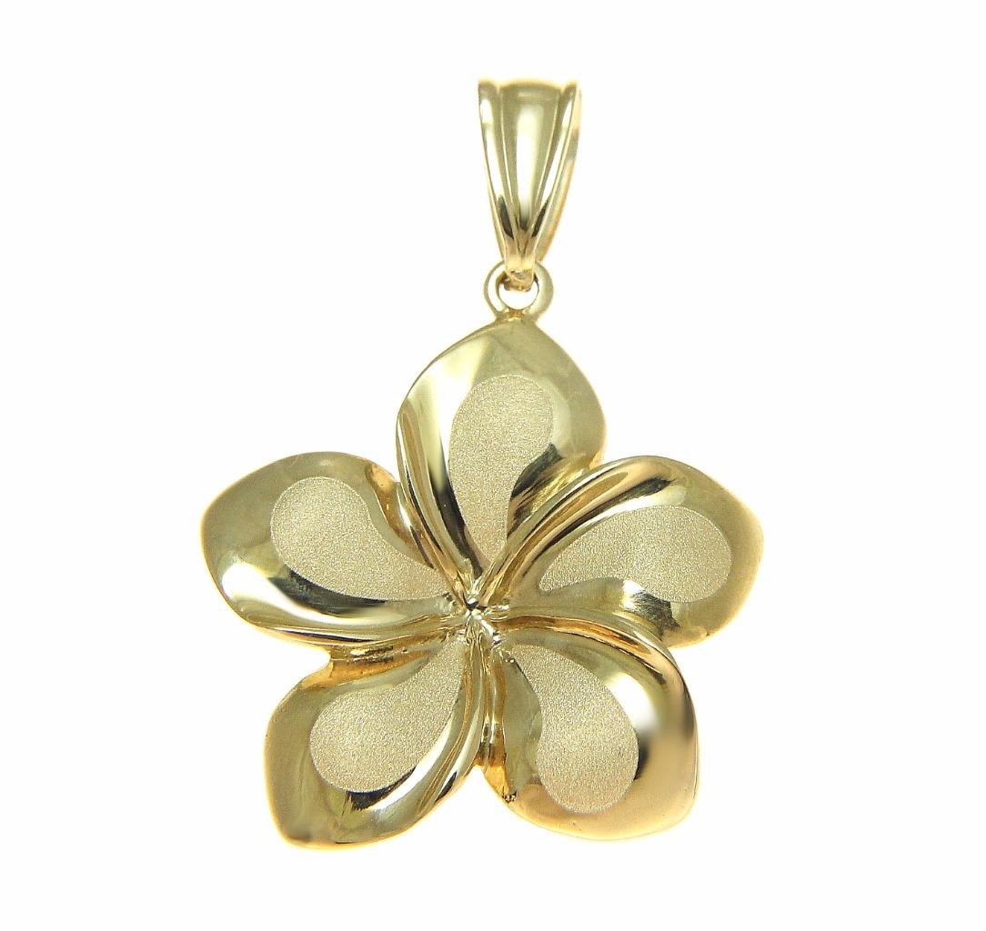 Arthur's Jewelry 14K solid yellow gold 21mm Hawaiian plumeria flower charm pendant