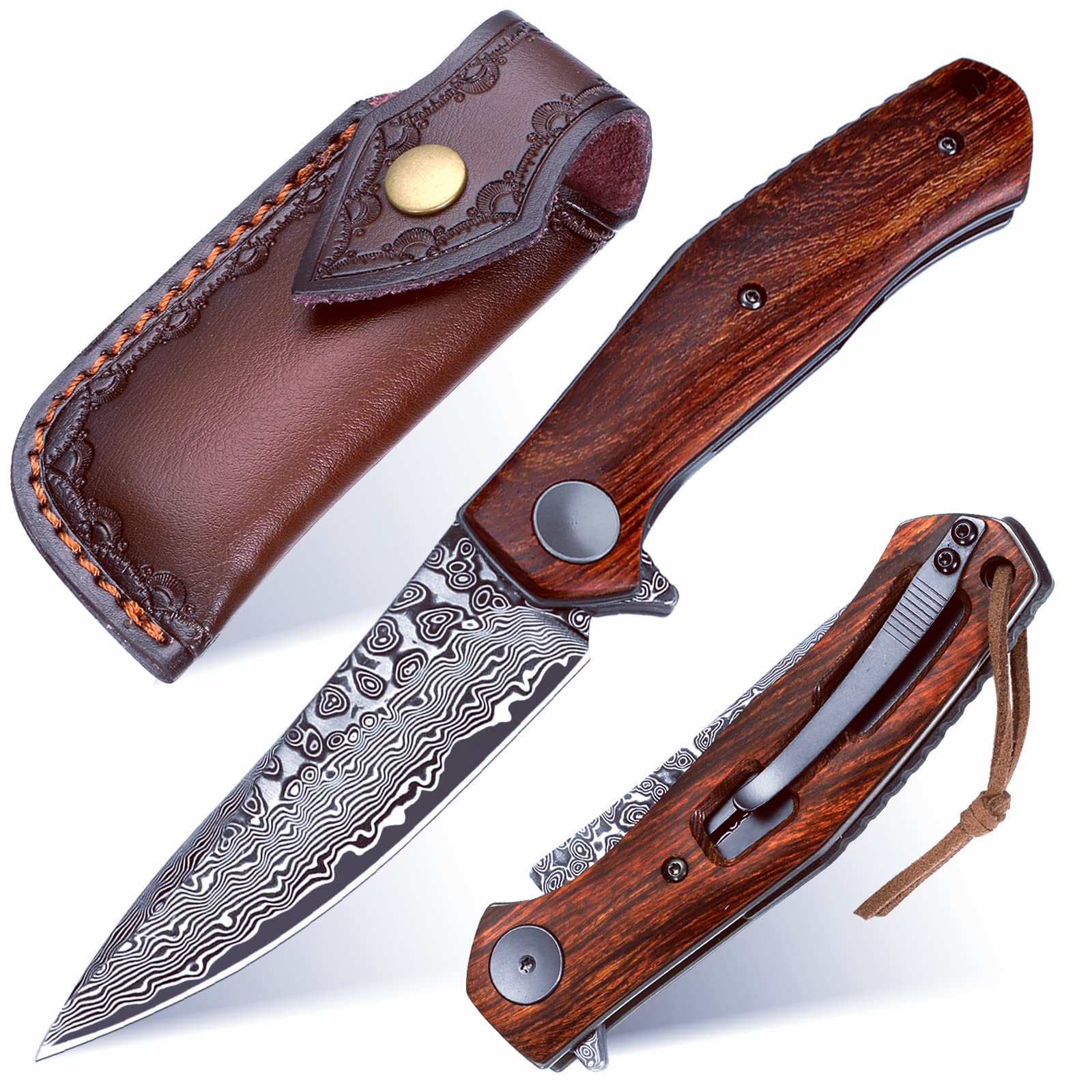 Benkey VG10 Damascus Pocket Knife with Clip Leather Sheath and D2 Folding Hunting Knife Bundles