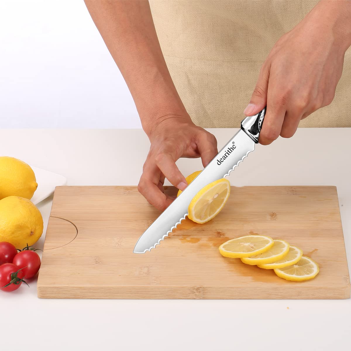 dearithe Serrated Utility Knife 6.5 Inch,High Carbon Stainless Steel Kitchen Knife with sheath, For Slicing Tomatoes or Crusty Bread, Dishwasher safe