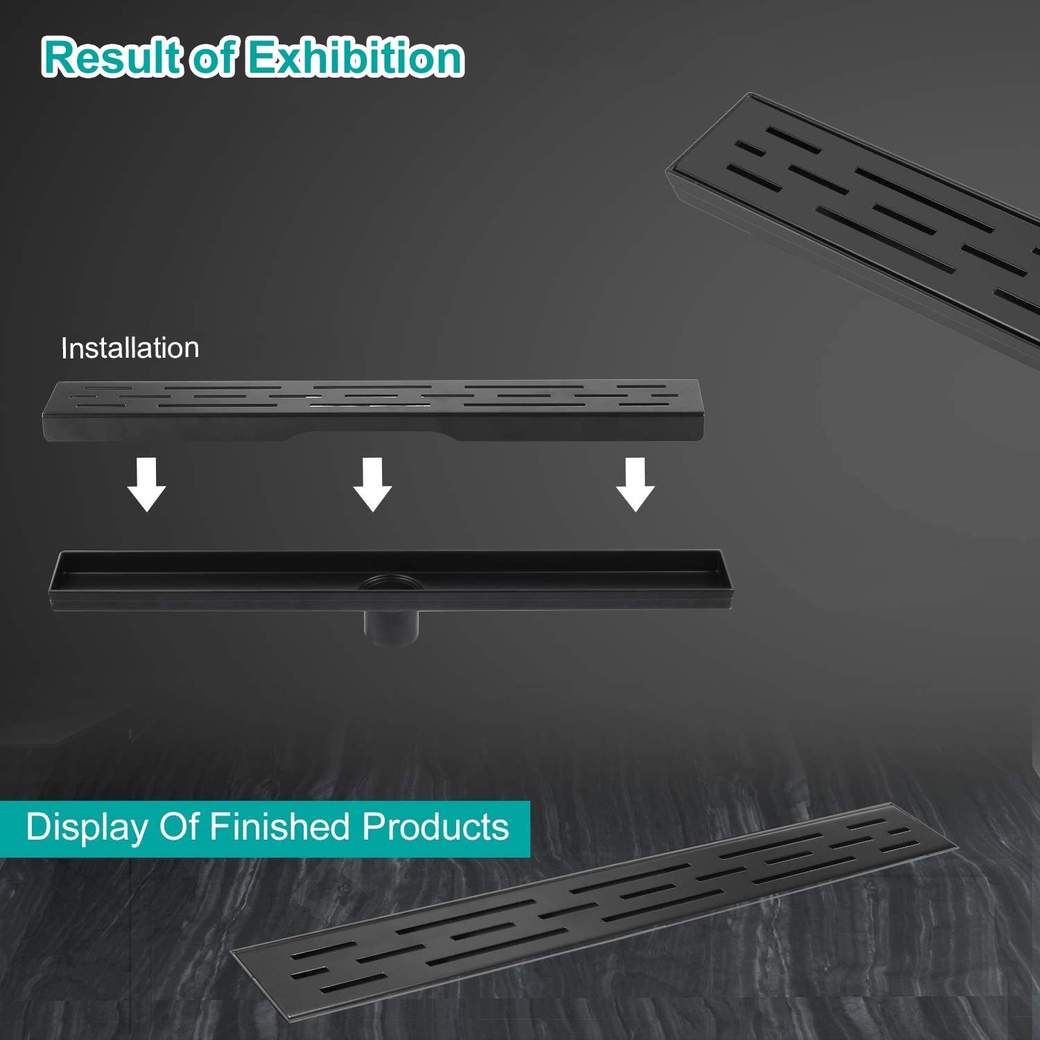 BARONAGE 24 Inch Linear Shower Drain - Rectangular Bathroom Shower Floor Drain with Brickwork Pattern Grate, AISI 304 Included Adjustable Feet Threaded Adapter Hair Strainer Matte Black CUPC Certified
