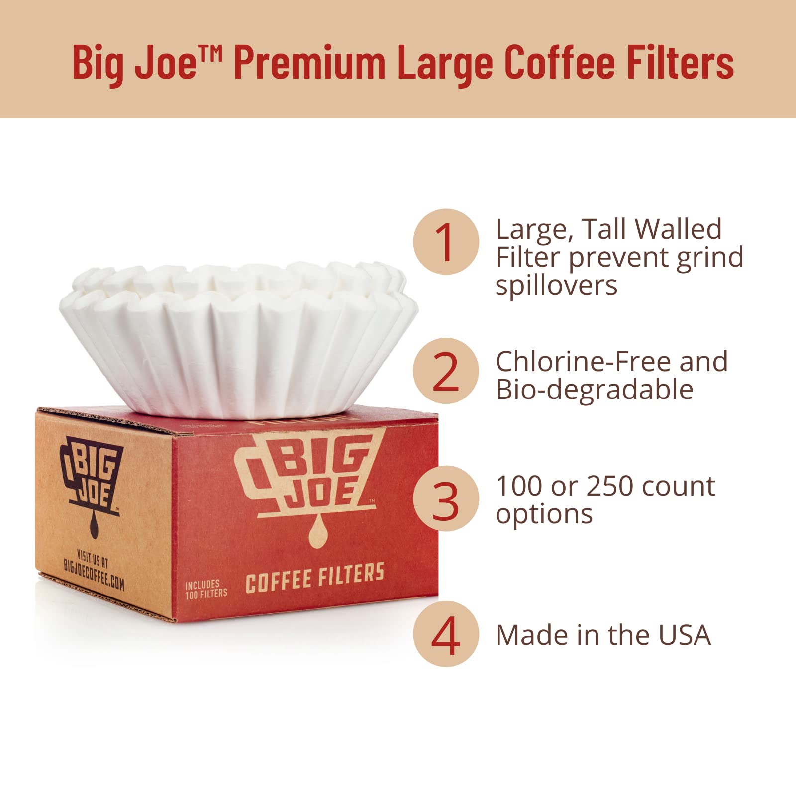 Big Joe® Large Coffee Filters (500 Count) - Tall Walled Commercial Coffee Filters (4 ¼ Inch base, 2 ¾ Inch Walls, 9 ¾ Inch Laying Flat) - Compatible with BUNN and 12-Cup Home & Commercial Machines