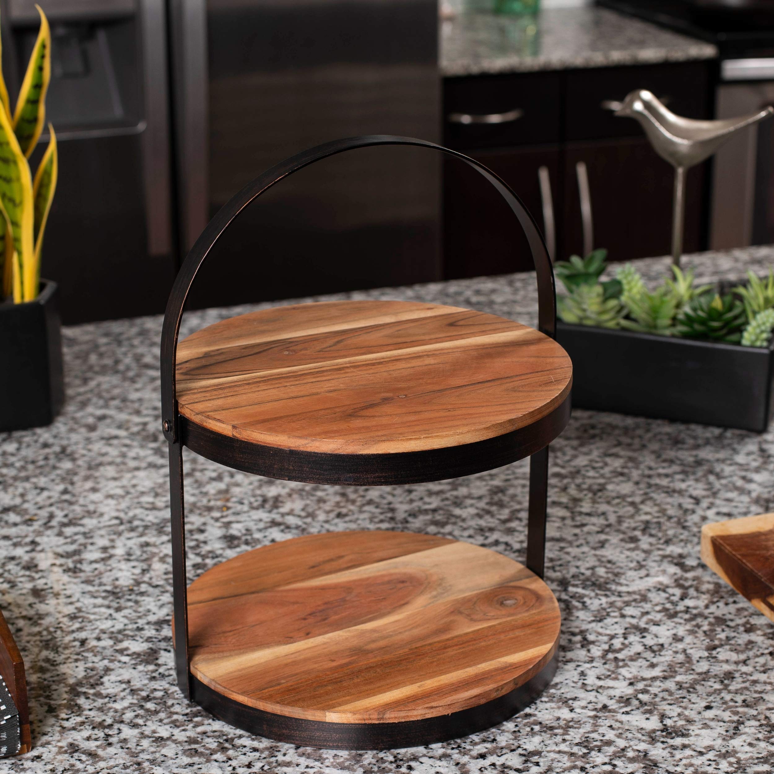 BIRDROCK HOME 2-Tier Cupcake and Cake Stand with Handle - Wood Iron Dessert Serving Tray - Rustic Farmhouse Dessert Stand - Modern Party Tiered Server - Table Kitchen Home Display - Round