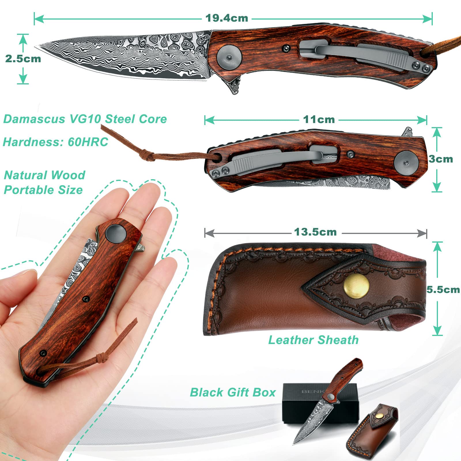 Benkey VG10 Damascus Pocket Knife with Clip Leather Sheath and Abalone Seashells Folding Hunting Knife Bundles