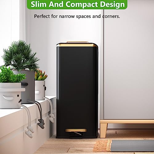 CEROELDA Bathroom Trash Can with Lid-Stainless Steel Step Slim Garbage Can-Metal Wastebasket with Lid-10L/2.6 Gallon Rectangle Pedal Trash Bin for Narrow Office, Kitchen, Bedroom, Toilet (Black)
