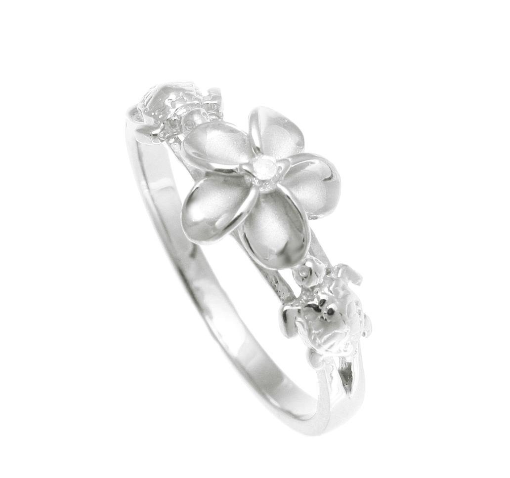 Arthur's Jewelry Sterling silver 925 Hawaiian plumeria flower cz 2 turtle ring rhodium plated size 7.5