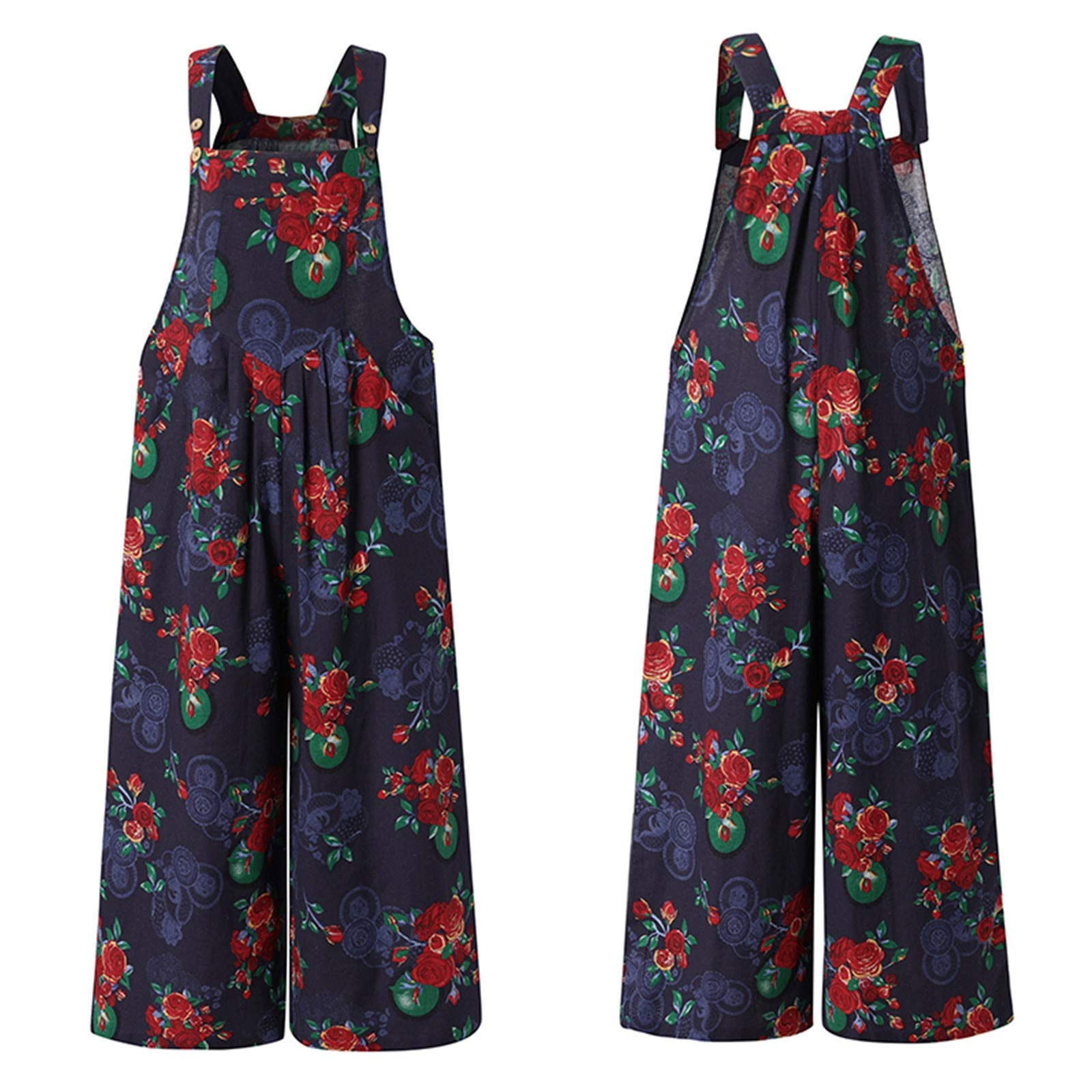 Bravetoshop Women Boho Overalls Summer Floral Loose Suspender Jumpsuits Wide Leg Pants Romper with Pockets (B-Navy,L)