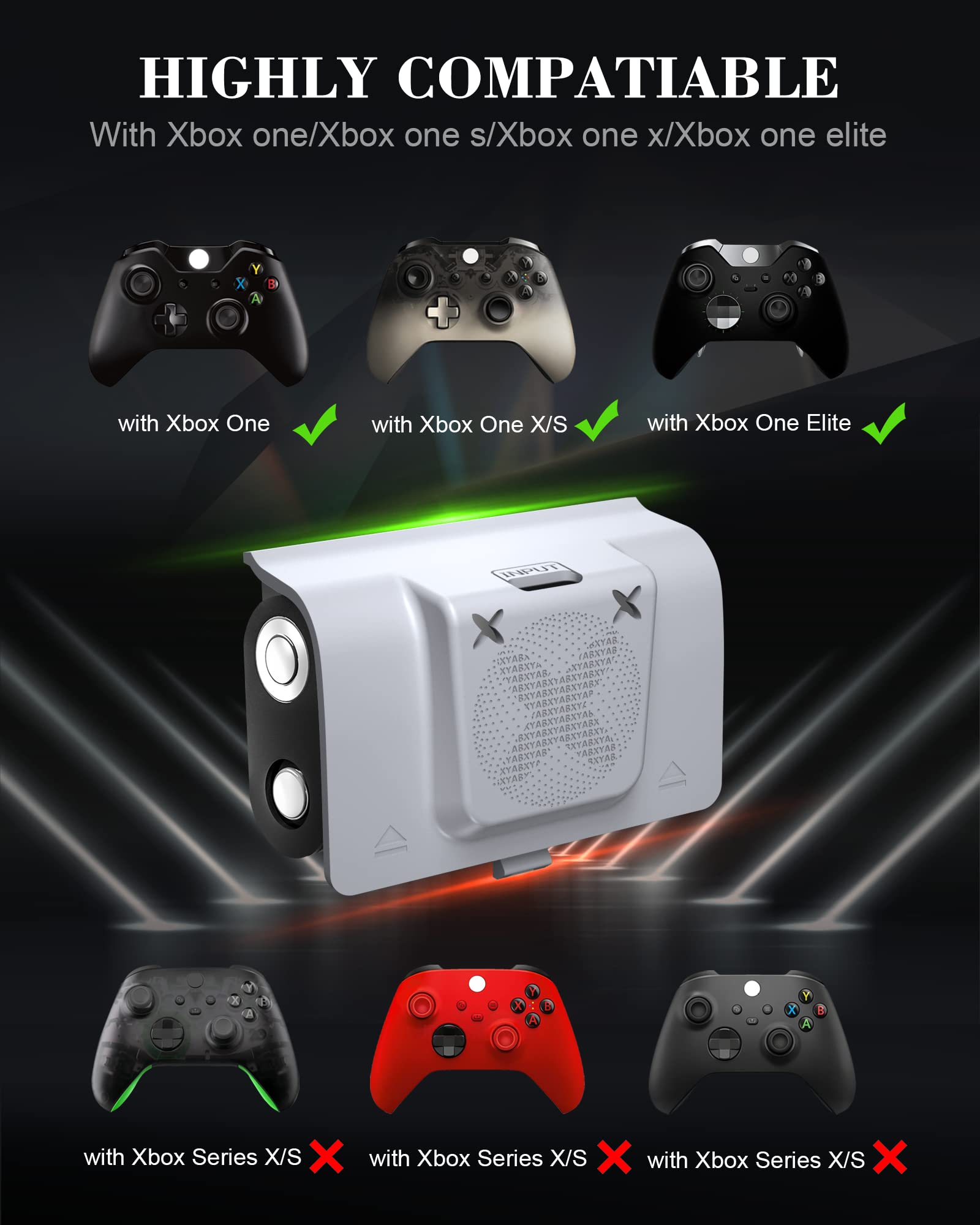 TAOZKAM Rechargeable Battery Pack for Xbox One/Xbox One S/Xbox One X/Xbox One Elite, 2600mAh Play and Charge Kit with 9.8FT USB Charging Cable and LED Indicator for Xbox Controller with Cover-White