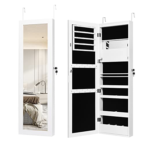 COSTWAY 12 LEDs Jewelry Cabinet, Wall/Door Mounted Jewelry Organizer Cabinet with 53.5” Full Length Mirror & Large Storage Capacity, Lockable Mirror Jewelry Armoire for Women Girls (White)