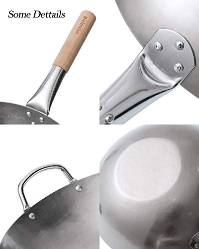 Bielmeier 14 Inch Carbon Steel Wok with Wok Ring,Woks and Stir Fry Pans with Sponge, Round Bottom Wok pan for Home and Professional Cooking…