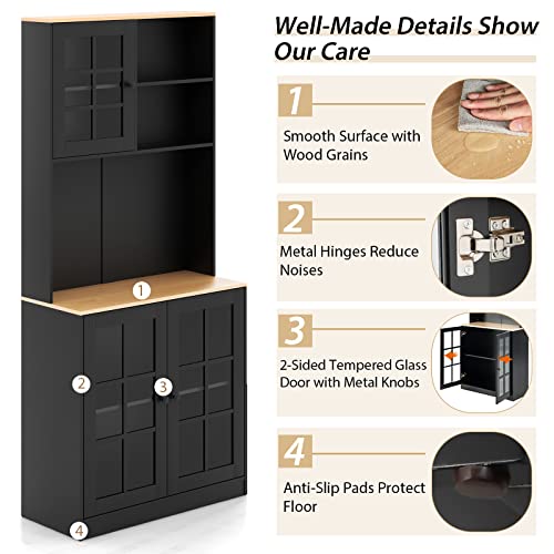 Byroce Kitchen Pantry with Cabinets & Open Shelves, Modern Tall Cabinet with Large Countertop, Glass Doors, Adjustable Shelves, Buffet Cabinet Cupboard for Kitchen, Living Room, Dining Room (Black)