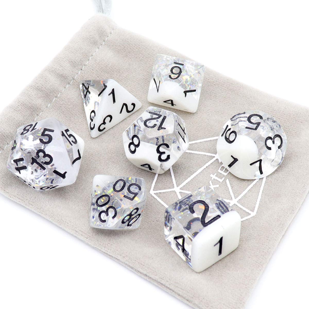 Haxtec DND Dice Set 7PCS White Layered Polyhedral D&D Dice for RPG Dungeons and Dragons (Sunlit Snow)