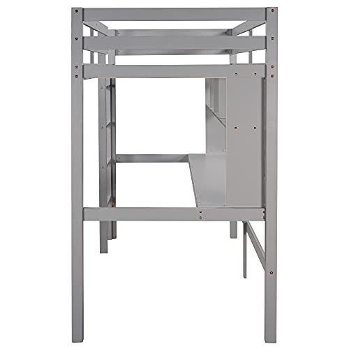 DEYOBED Twin Size Wooden Loft Bed Frame with Desk and Shelves - Create an Efficient and Stylish Workspace for Kids, Teens, and Adults