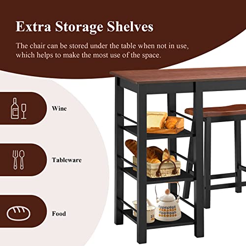 COSTWAY 3 Pieces Pub Table and Chair Set, Counter Height Dining Table Set with 2 Stools and 3 Storage Shelves, Industrial Wood Kitchen Table Set for Bar Bistro, Living Room, Restaurant