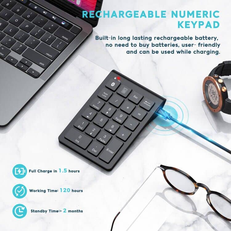 Bluetooth Number Pad for Laptop, Acedada Wireless Number Pad, USB C Rechargeable, 22-Keys Bluetooth 10 Key Numeric Keypad for Laptop, Computer, Mac, MacBook Air/Pro, iPad, Windows