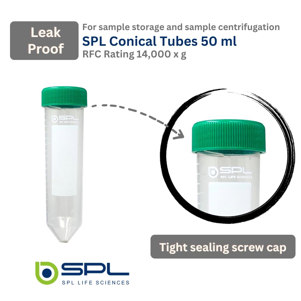 SPL 50ml Conical Centrifuge Tube Polypropylene Screw Cap, Sterile Non - pyrogenic, Non - cytotoxic, DNase/RNase - Free, Human DNA - Free Resealable Bags (25 Tubes)