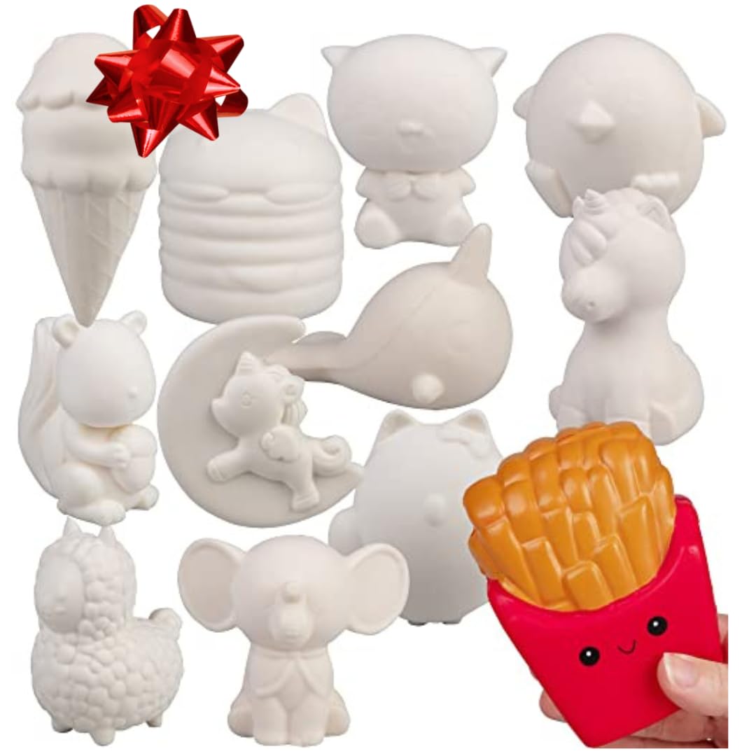 DIY Party Craft Kit Jumbo Blank Slow-Rising Squishies -12 Different 4-6" Designs -White Kawaii Sqwishy Toys for Painting, Soft Scented Stress Relief Art Crafts -Kids Holiday Birthday Activity Gift