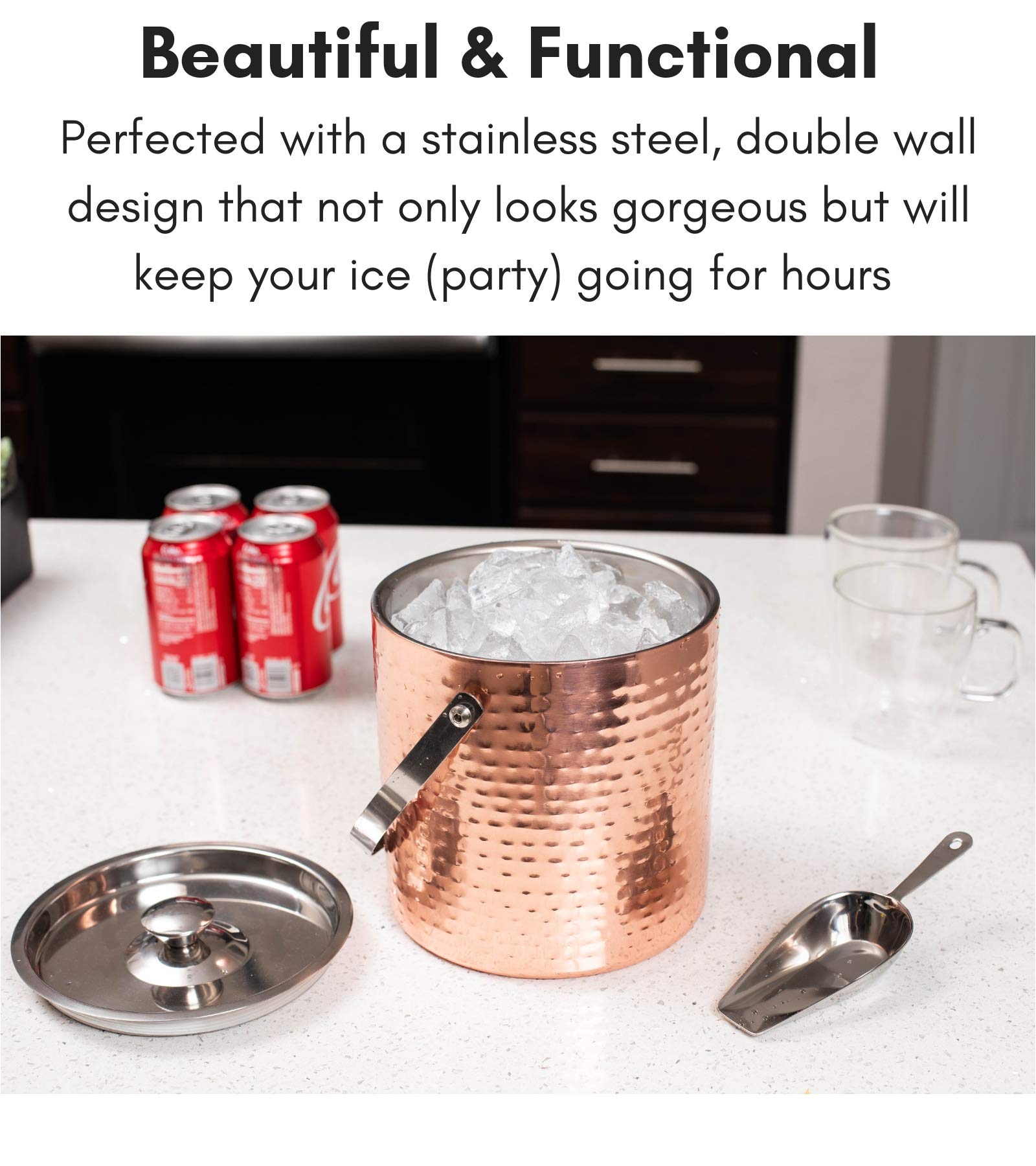 BirdRock Home Ice Bucket with Scoop & Lid - 2.8 Liter Hammered 18/8 Stainless Steel Container for Bar - Double Wall Insulated Bucket with Carrying Handle - Great for Parties - (Copper)