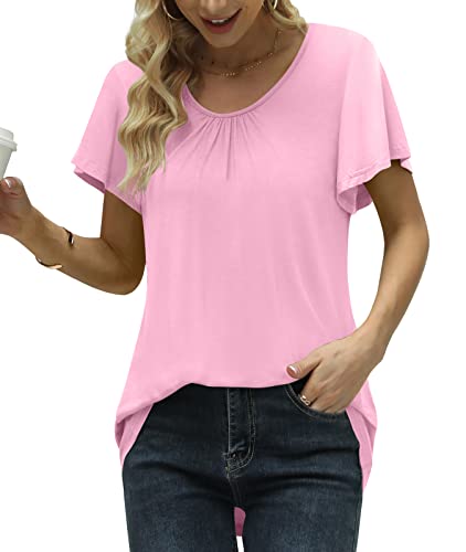 DB MOON Womens 2023 Summer Tops Casual Ruffle Short Sleeve T Shirts Shirred Crewneck Tunic Loose Fit Blouses XL, Pink
