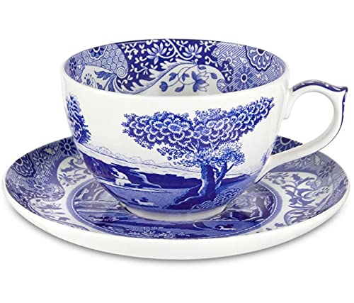Blue Italian Teacups and Saucers | 7 Oz Cups for Coffee, Tea, and Hot Cocoa | Fine Earthenware | Microwave and Dishwasher Safe | Made in England