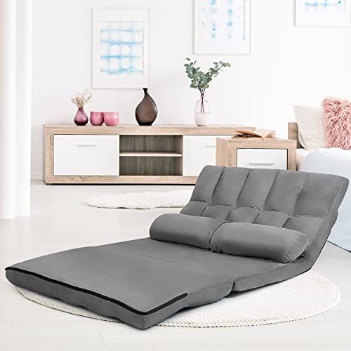 COSTWAY Floor Sofa Couch with 2 Pillows, Foldable 6-Position Adjustable Lazy Sofa Bed Sleeper with Metal Frame, Soft Suede Fabric, Gaming Playing Lounge Recliner for Adults (Grey)