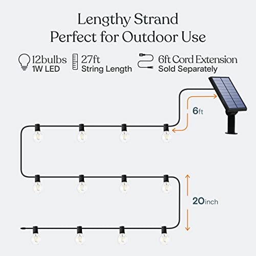Brightech Ambience Pro Solar Powered LED Outdoor String Lights - 27 Ft Commercial Waterproof Patio Lights with Edison Bulbs - Durable String Lights for Outside, Backyard, Porch - 1W, Soft White