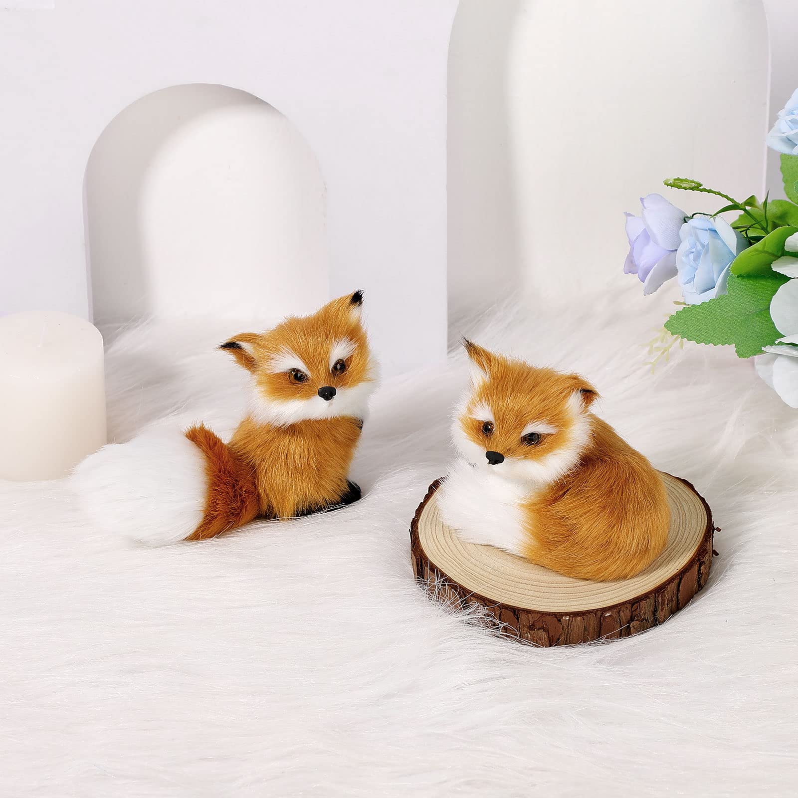 Sosation 2 Pcs Simulation Fox Mini Toy Fur Animal Model Stuffed Ornament Static Action Figures Fox Standing Sitting Plush for Home Office Desktop Bag Decoration 3.94 x 3.54 in, 3.15 x 2.75 in(Brown)