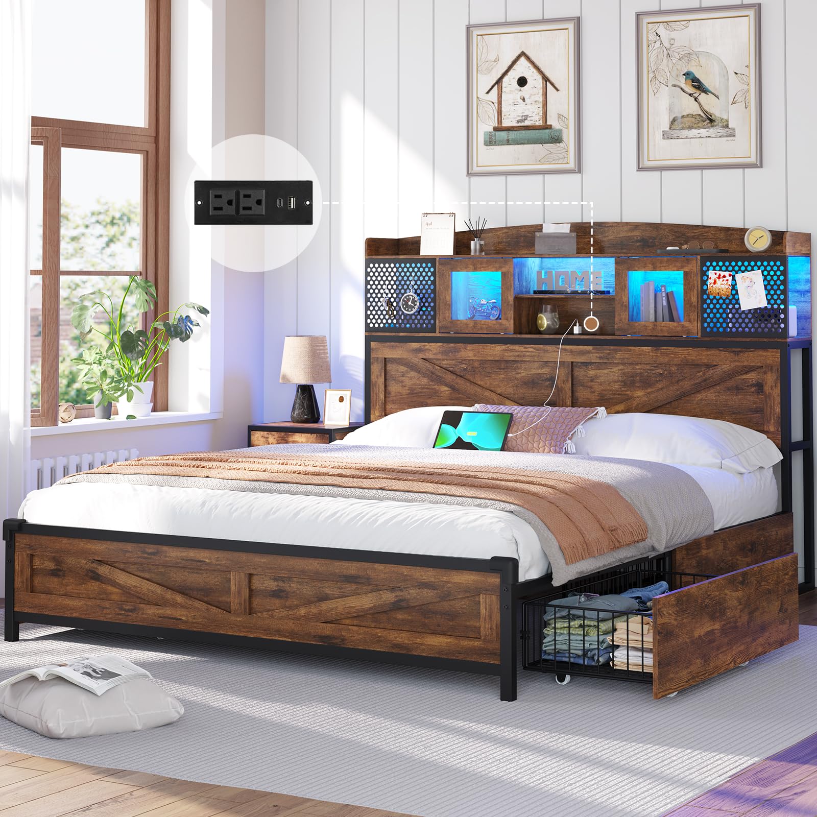 BTHFST King Size Bed Frame with Charging Station, LED Bed Frame King Size with Shelf Headboard, Farmhouse King Platform Bed Frame with Sliding Doors & Metal Slats Support, Noise-Free, Rustic Brown