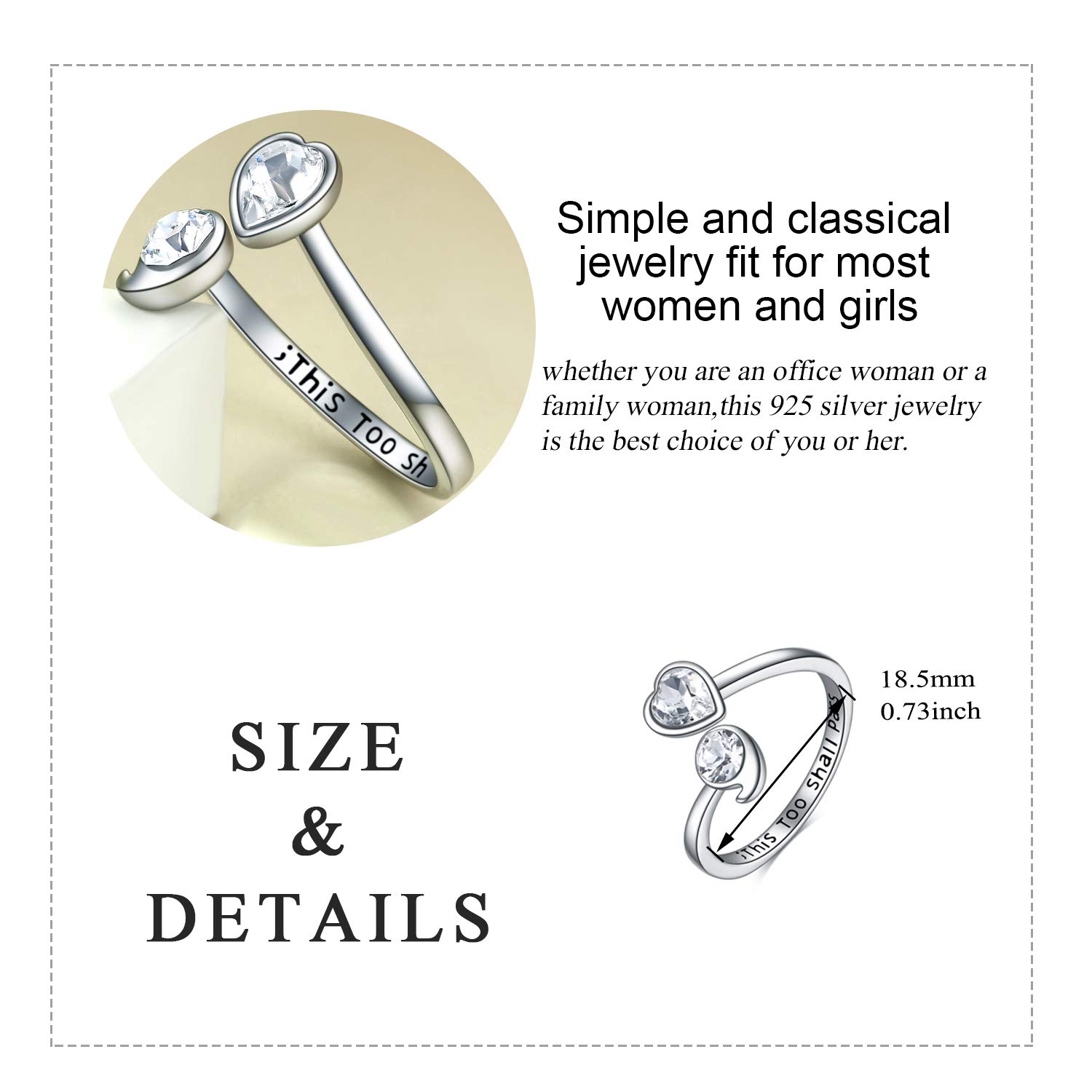 AXELUNA S925 Sterling Silver Semicolon Ring This Too Shall Pass Rings Inspirational Gifts for Women Adjustable Size 7