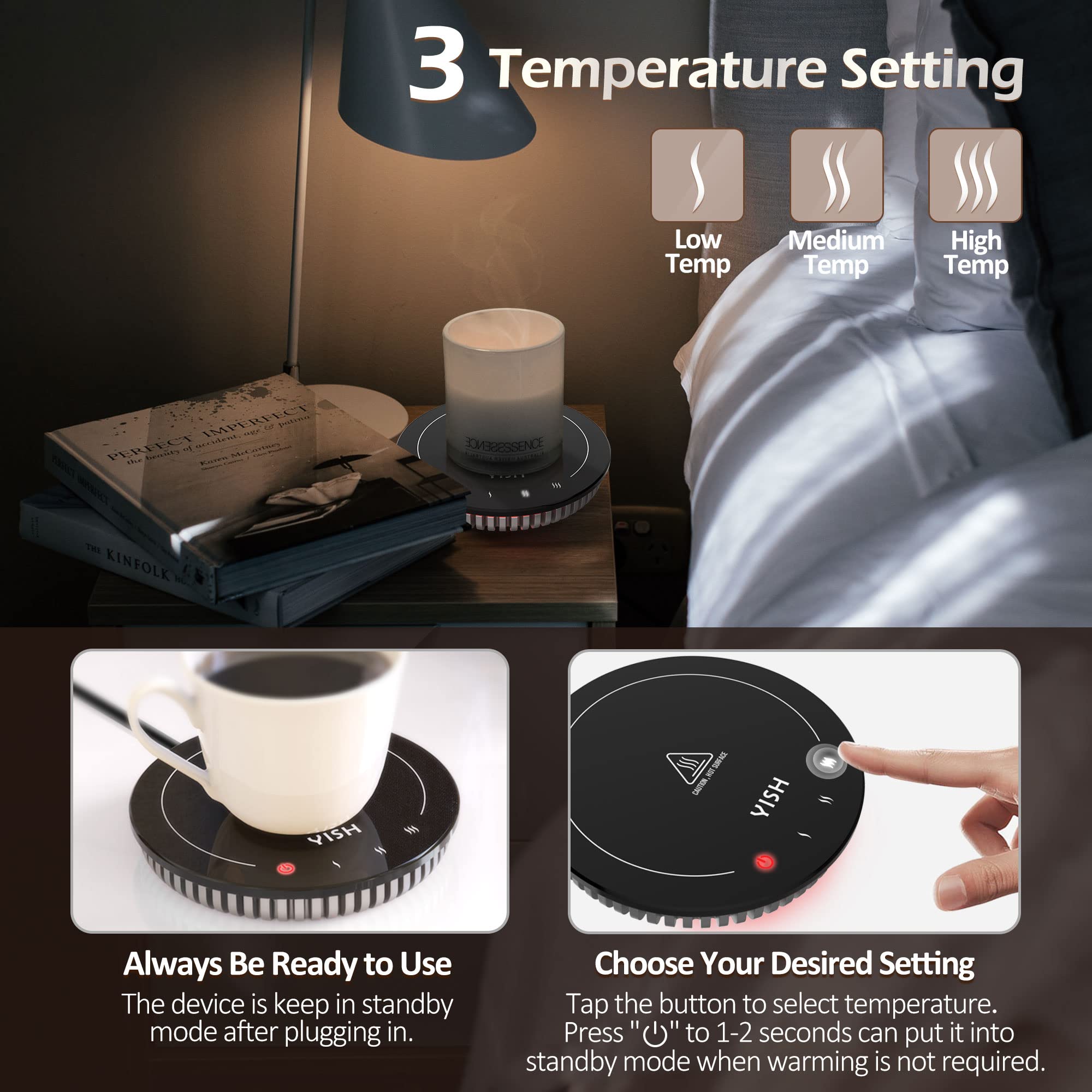 Candle Warmer, YISH Flat Bottom Coffee Mug Warmers for Desk, 25W Electric Tea and Espresso Beverage Warmers for Home and Office, Cup Warmer Auto Shut Off with 3 Temperature Setting (Y130US)