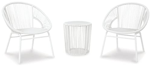Signature Design by Ashley Mandarin Cape Casual All-weather Resin Wicker Outdoor Chairs with Table Set, Set of 3, White
