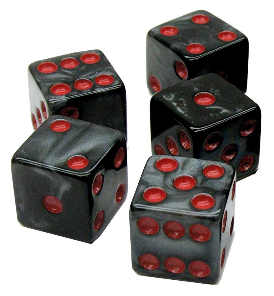 Cyber-Deals Set of 16mm Marbleized Dice and Black PU Leather, Velvet Lined Dice Cup with Storage Compartment (Gift Boxed) (Charcoal Dice, Red Lining Cup)