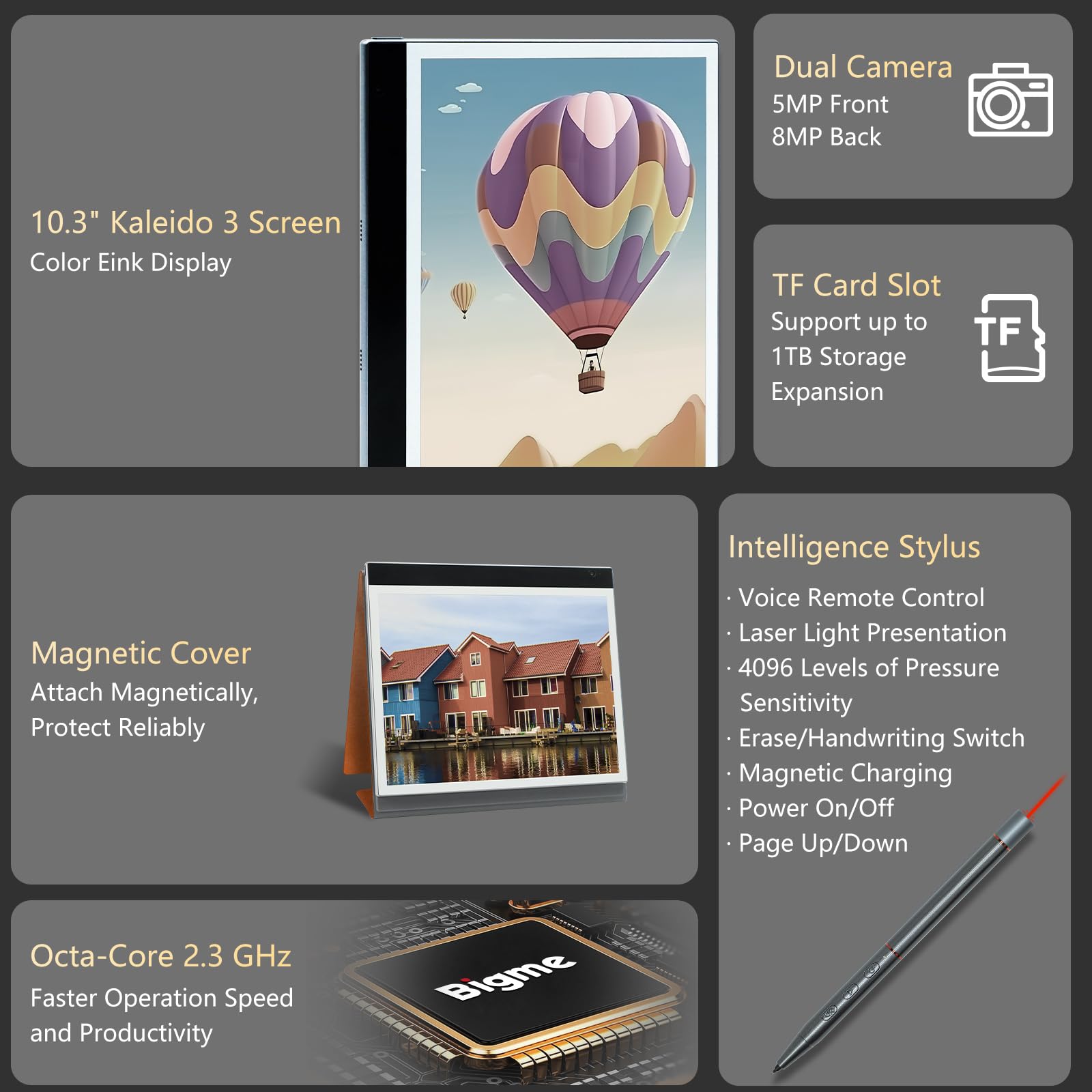 Bigme inkNote Color + Ereader 10.3" Epaper Tablet 6G 128GB E Ink Tablet Digital Paper with Dual Cameras TF Card Slot, Notetaking Tablet with Stylus and Cover