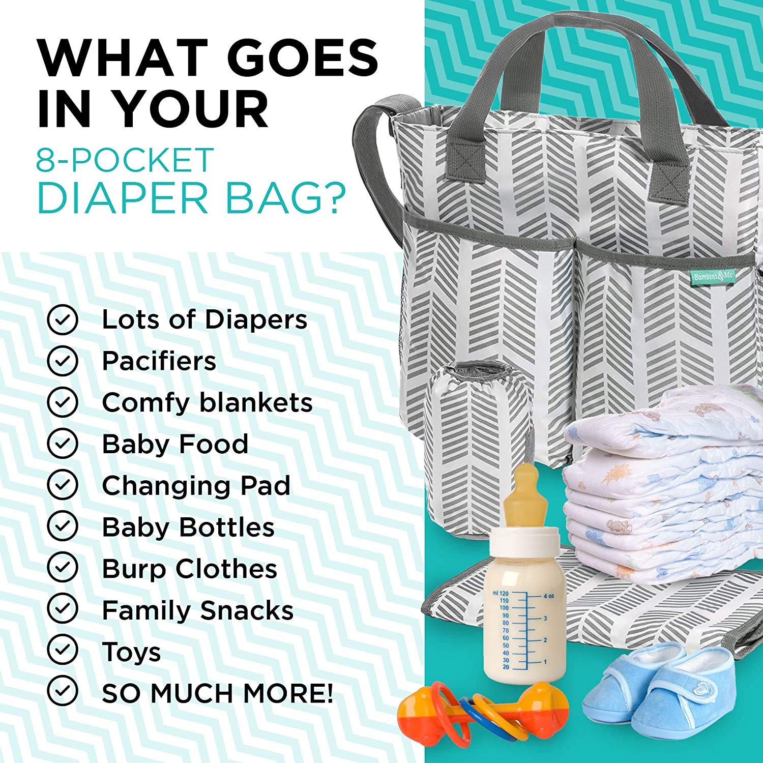 Diaper Bag/Breast Pump Tote Bag - Stylish Arrows, Functional Baby Stroller Organizer - Adjustable Stroller Strap - Eight Total Pockets - Easy to Clean - BONUS: Changing Pad