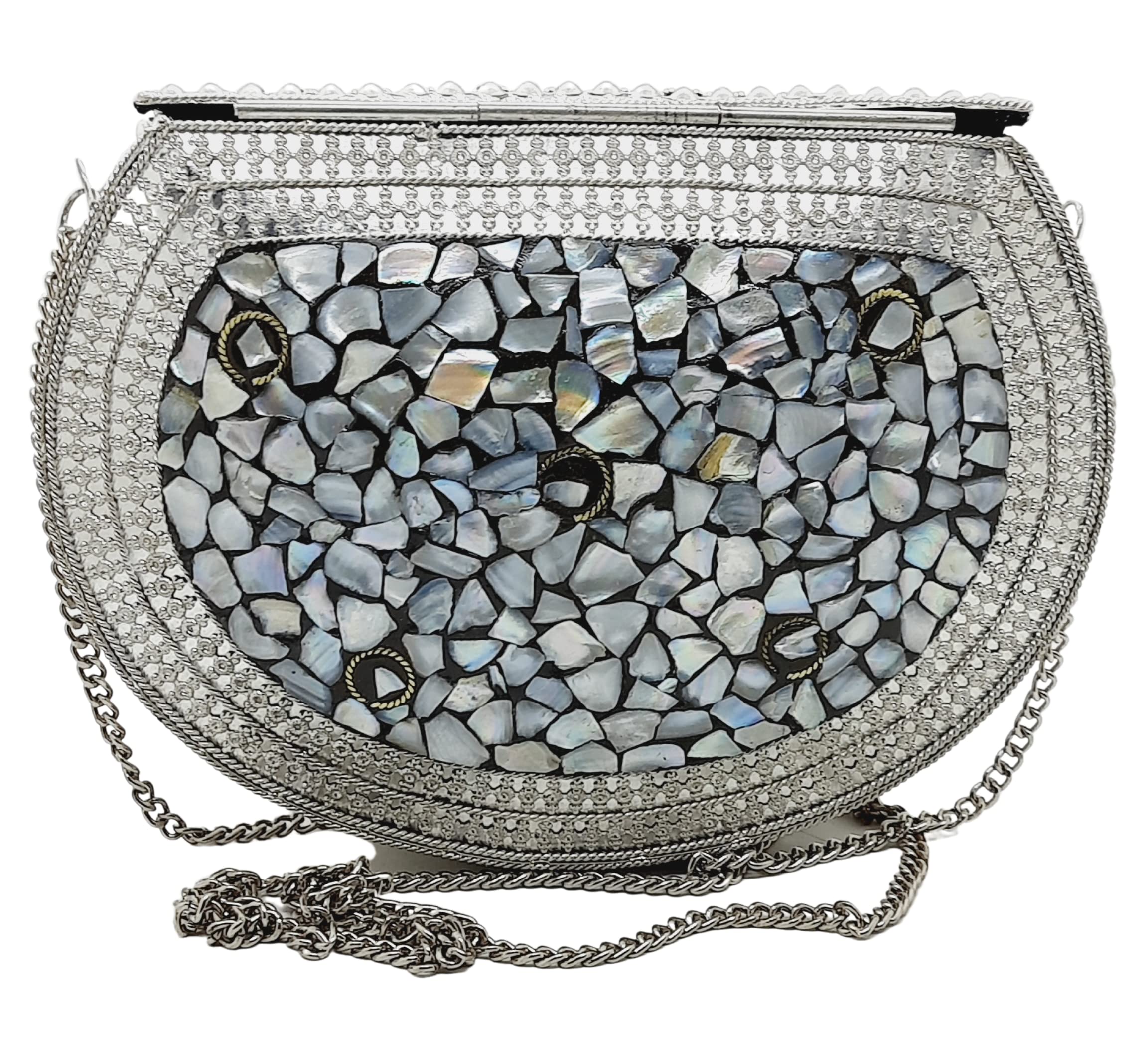 Ethnic Clutch Vintage Handmade metal Mosaic stone Shell purse Handbag for women Party Bag Special occasion accessories
