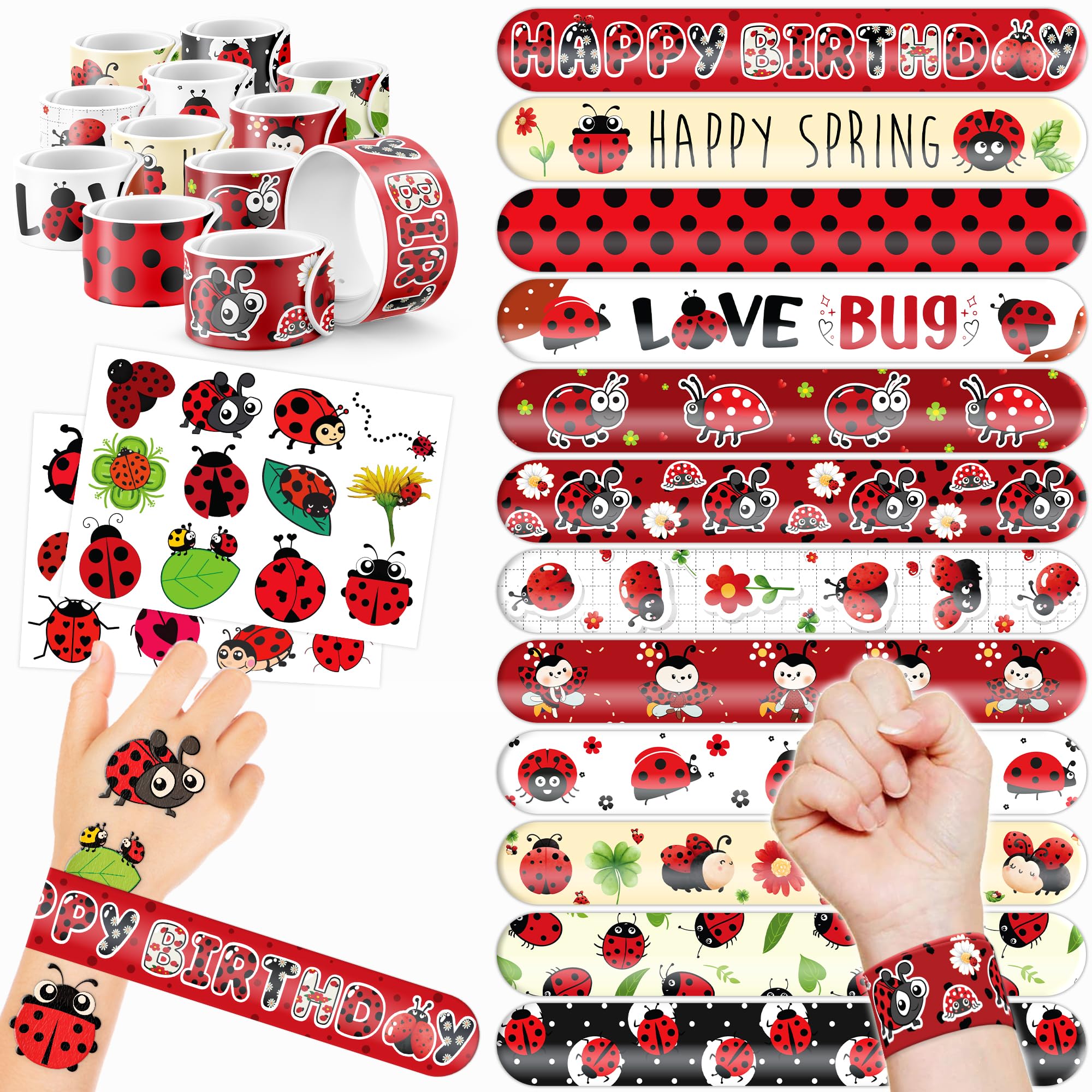 Cherisnowy 48 PCS Ladybug Party Favors 24PCS Tattoos Sticker 24PCS Slap Bracelets Wristbands Perfect for Themed Birthday Baby Showers or Classroom Rewards Ideal Decor and Gifts for Girls and Boys