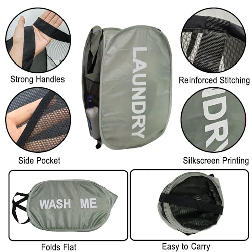 Buenod Mesh Laundry Hampers, Collapsible Laundry Baskets Pop Up Storage Bin, 2 Pack Clothes Hampers with Side Pocket for Home, College Dorm, Apartment (Black + Gray)