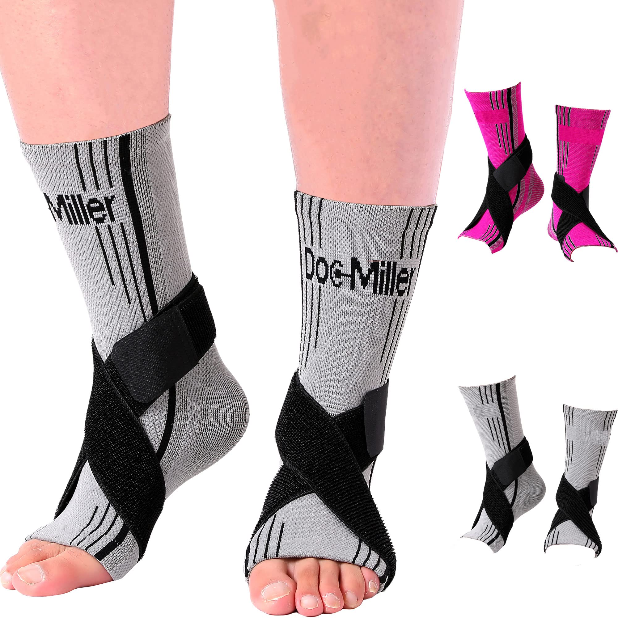 Doc Miller Ankle Brace for Women and Men, 1 Pair Small, Ankle Compression Sleeve with Adjustable Elastic Support Straps for Plantar Fasciitis Relief Sprained Foot and Achilles Tendonitis, Gray Black
