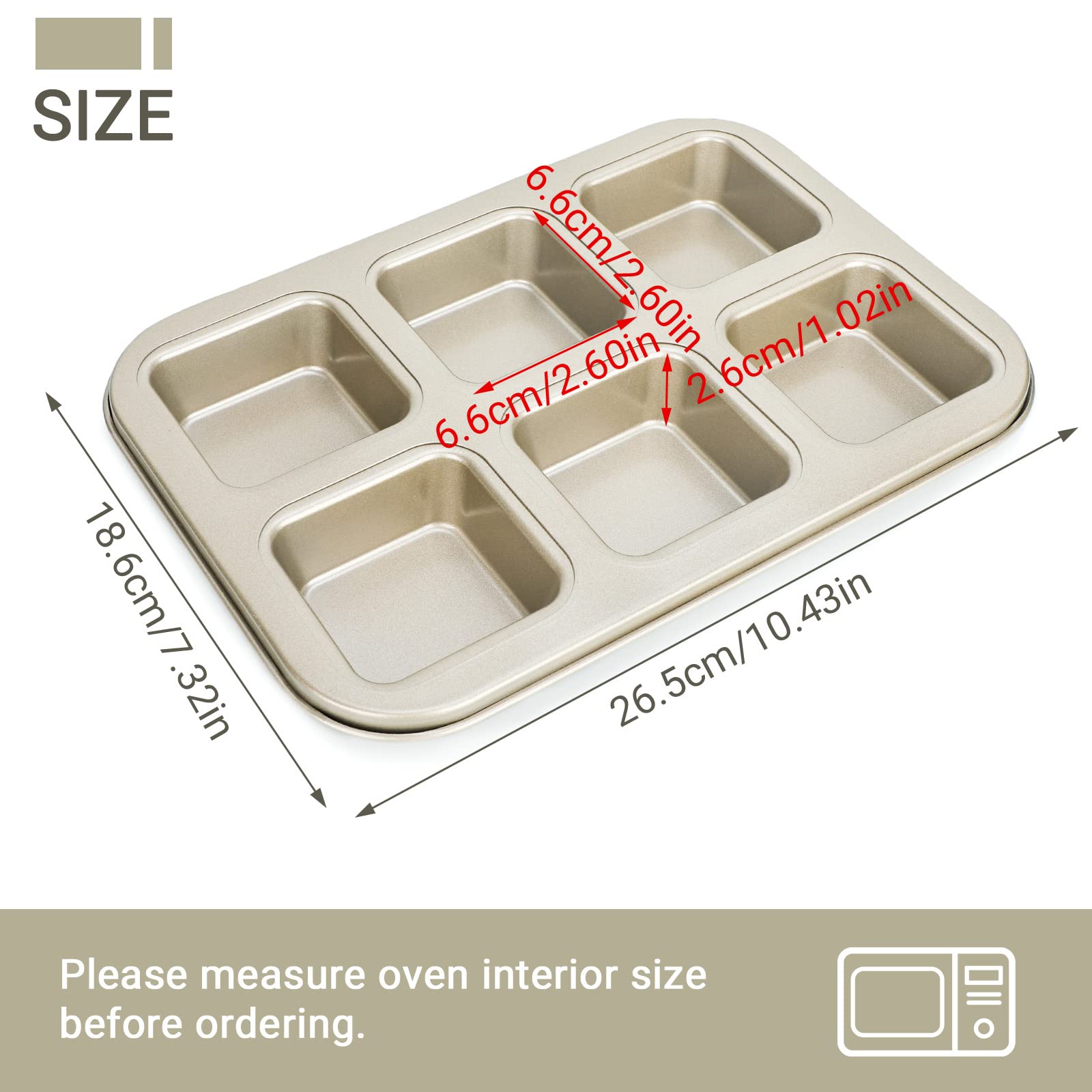 Beasea Brownie Pan, 1 Pack 6 Cavity Gold Nonstick Square Mini Brownie Muffin Cake Pan Cheesecake Cupcake Bakeware Carbon Steel Brownie Baking Tray 2x3 Individual Cutter Bakeware for Oven Baking