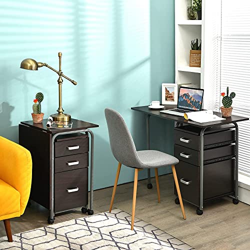 CHEFJOY Folding Computer Study Desk, Home Office Desk with 6 Smooth Wheels & 3 Large Drawers, Mobile Laptop Desk Writing Table for Small Space, Bedroom, Living Room (Brown)