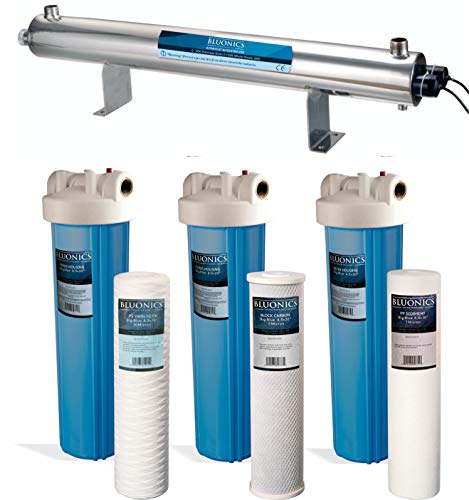Bluonics 110W UV Ultraviolet Light Plus Sediment and Carbon Well Water Filter Purifier System with NPT 1" Ports, 24 GPM UV Sterilizer with 3 Filter Size 4.5” x 20" Filters