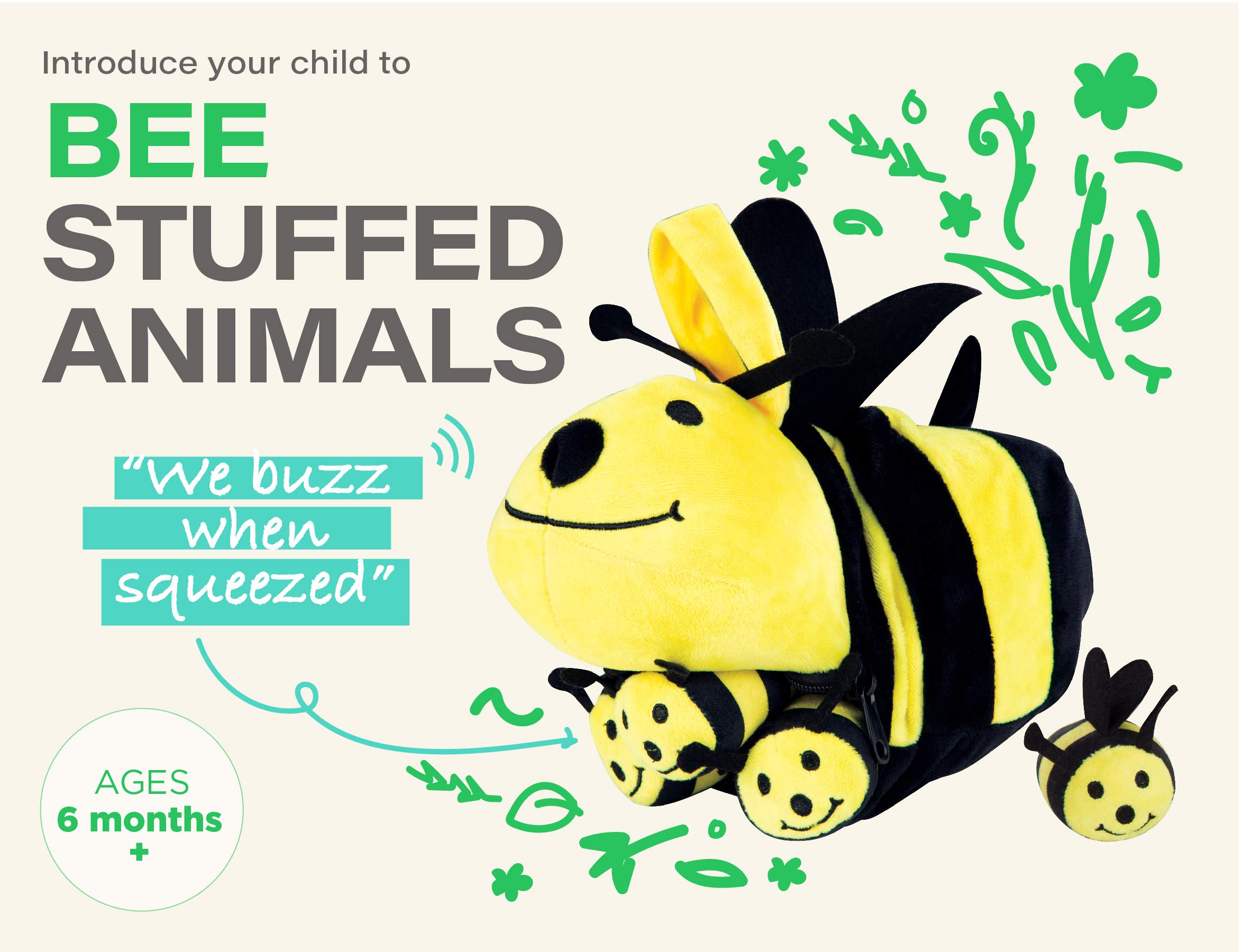Etna Plush Buzzing Bees Toy - Cute Soft Mommy Bee Carrier Holds 4 Baby Bee Dolls, Squeeze Activated Sounds