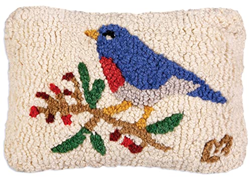 Chandler 4 Corners Artist-Designed Bluebird and Berries Hand-Hooked Wool Decorative Throw Pillow (8” x 12”) Wildlife Pillow for Couches & Beds-Easy Care, Low Maintenance Nature & Bird Pillow