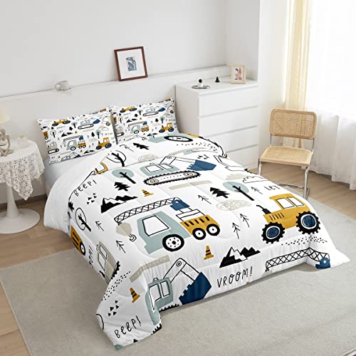 Cartoon Car Kids Comforter Set Construction Bedding Set Decor Equipment Trucks Comforter Cartoon Car Excavator Tractor White Yellow Duvet Set Bedroom Quilt Set 3Pcs Full