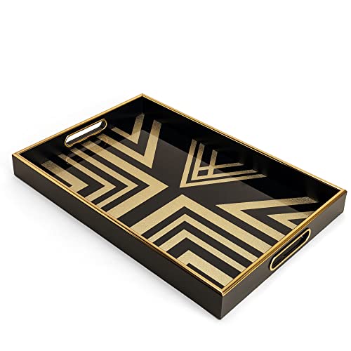 DIVERSITY TRADE Gold & Black Serving Tray w/ Handles – 17'' x 12'' Black Decorative Tray Large Ottoman TrayLiving Room Leak Proof Coffee Table Tray Glass Serving TrayOttoman Coffee Table (CX80225)