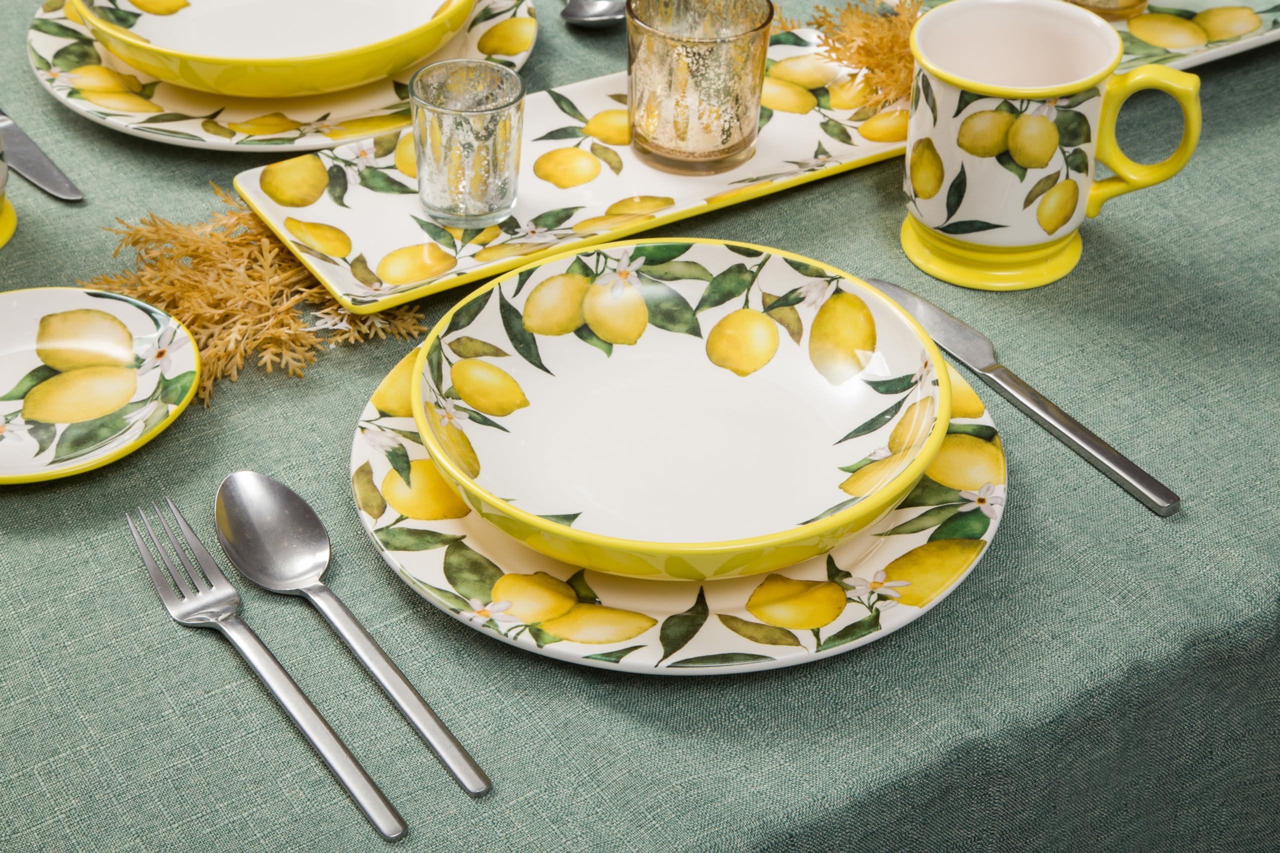 Bico Lemon Dreams 11 inch Dinner Plates, Set of 4, for Pasta, Salad, Maincourse, Microwave & Dishwasher Safe