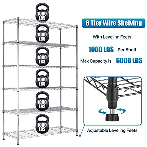 Dkelincs 6 Tier Wire Shelving Unit with Wheels 48" X 18" X 76" Metal Storage Shelves Height Adjustable NSF Heavy Duty Commercial Grade Garage Shelf Rack for Kitchen Basement Restaurant,Chrome
