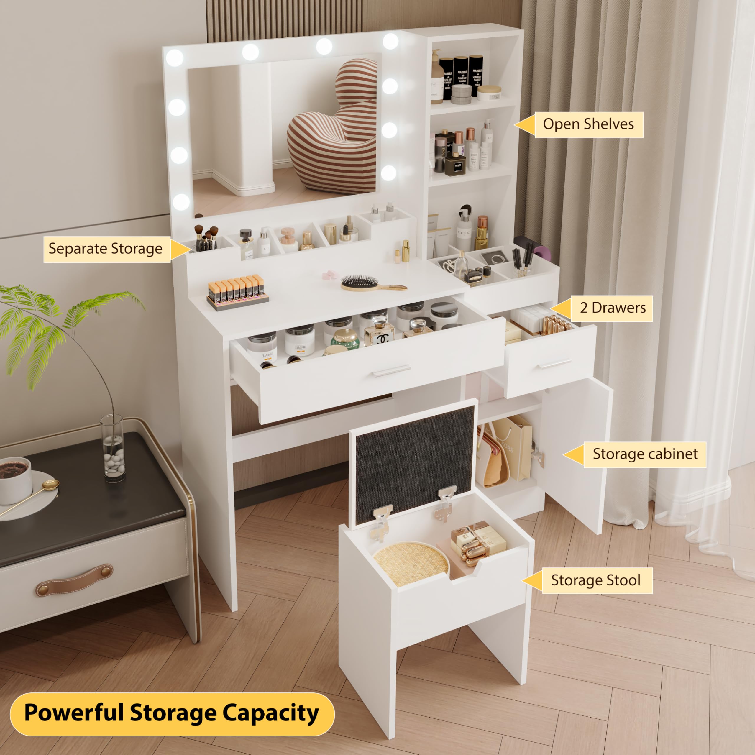 HAIOOU Vanity Desk with Mirror and Lights, White Makeup Vanity with Charging Station, Modern Dressing Table Chair Set with 2 Storage Drawers, 3 Lighting Modes Adjustable Brightness for Bedroom