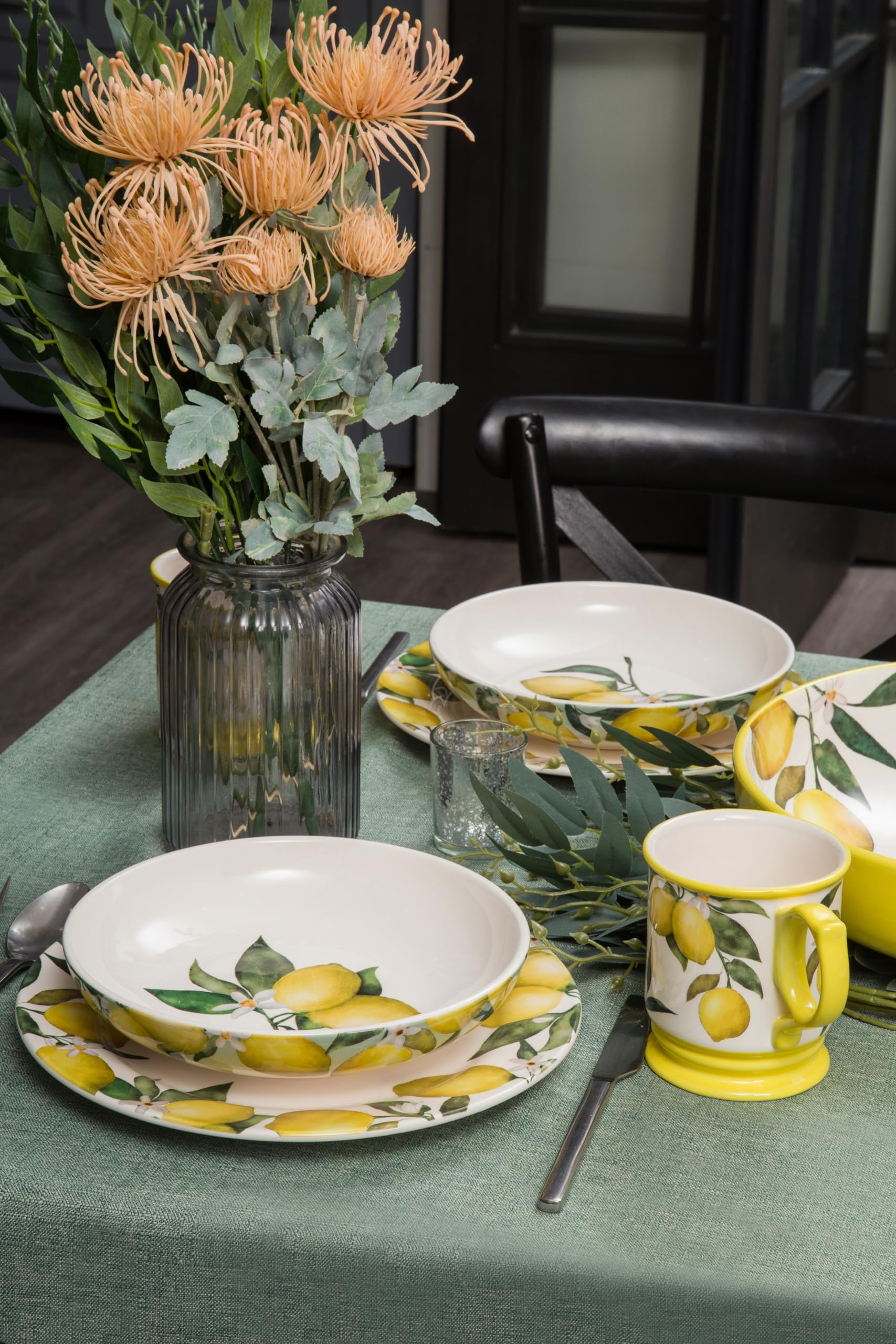 Bico Lemon Dreams Ceramic Pasta Bowl, Set of 5(1 unit 214oz, 4 units 35oz), for Pasta, Salad, Microwave & Dishwasher Safe