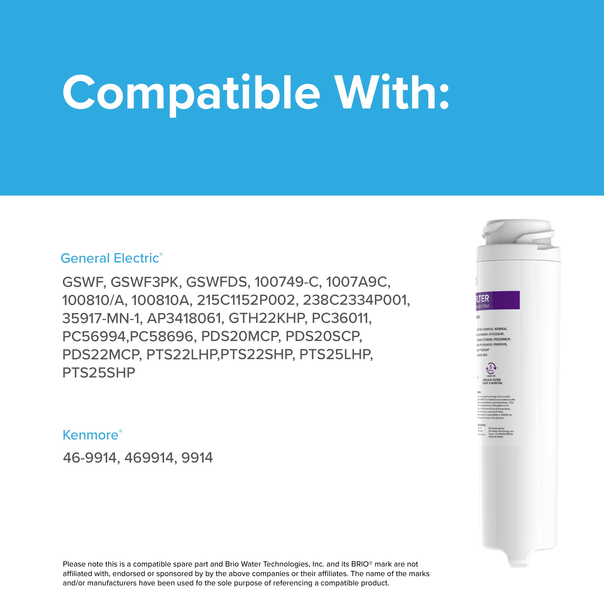Brio GSWF Refrigerator Water Filter, Compatible with GE GSWF Smart Water 238C2334P001, Kenmore 46-9914, 469914, 9914, NSF 42, 53, 372 & 401