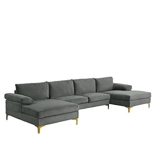 Casa Andrea Milano Modern Large Velvet Fabric U-Shape Sectional Sofa, Double Extra Wide Chaise Lounge Couch with Gold Legs, Dark Grey